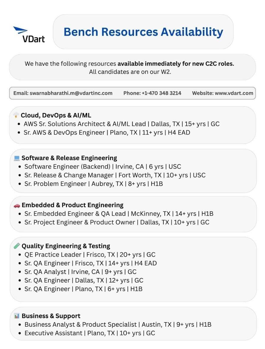 Available Immediately: For C2C Roles/ Cloud, DevOps & AI/ML/ Software Engineer/ QA/ Embedded ...